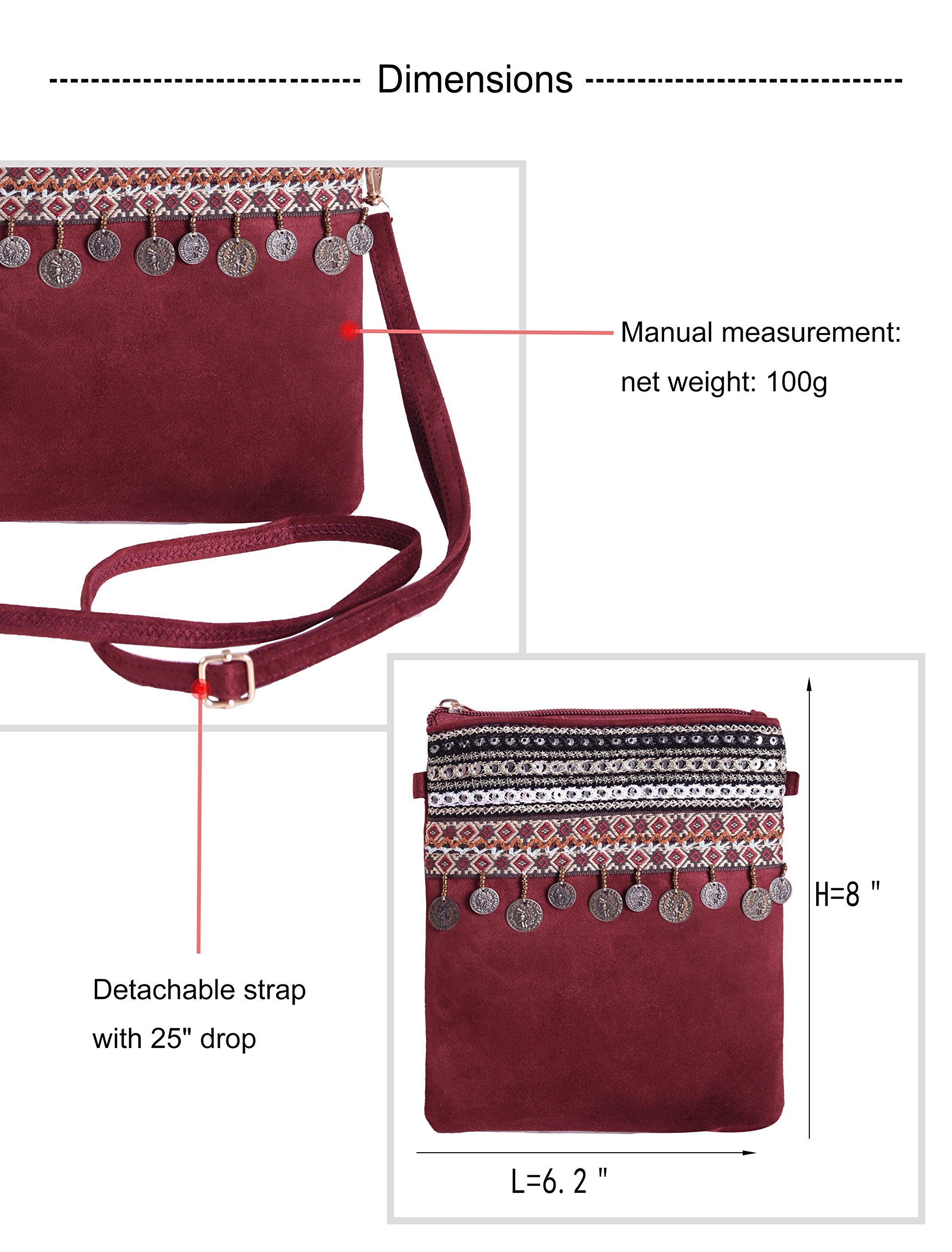 Pulama Vintage Bohemian Crossbody Small Handbag Adorable Ethnic Sling Pouch Claret