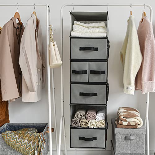 GRANNY SAYS Hanging Closet Organizer 6 Shelves, Closet Organization and Storage with 5 Different Drawers, 6 Side Pockets Wardrobe Clothes Organizer for Closet, Gray, 1-Pack