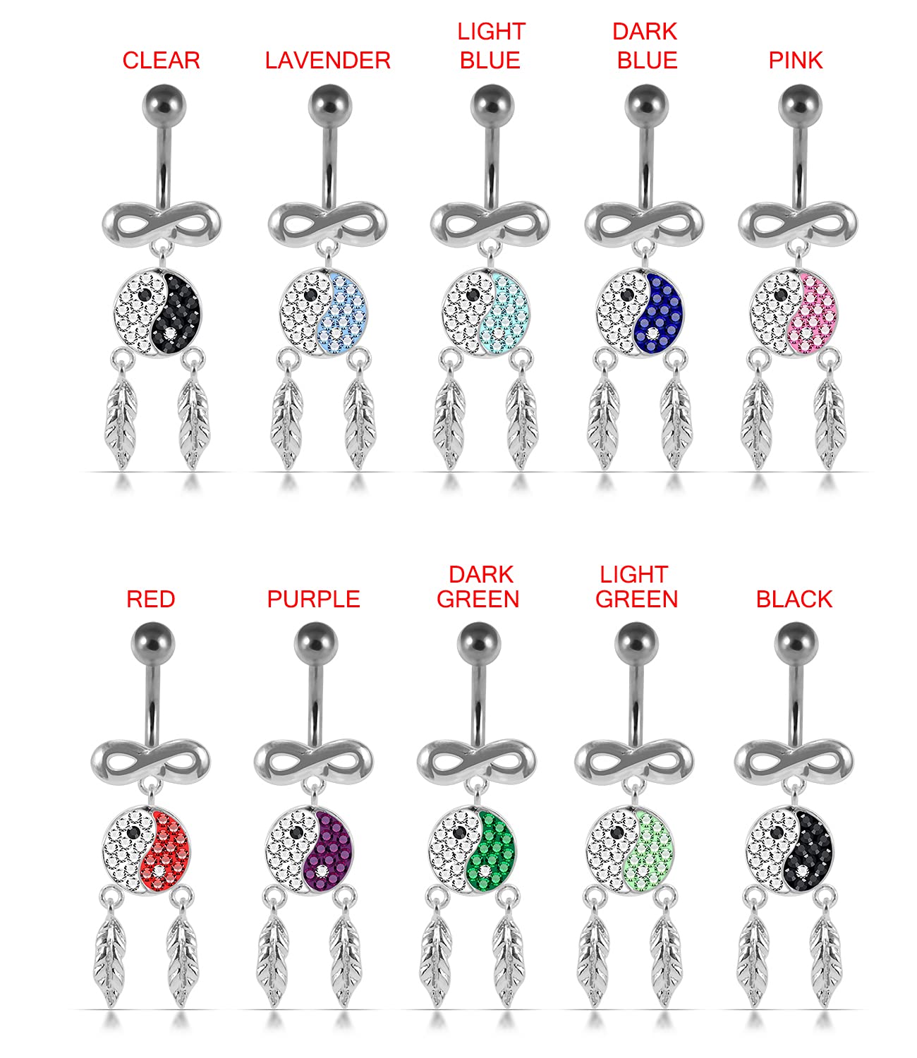 Black Multi Crystal Gemstone Stylish Infinity with Yin Yang and Dream Catcher Dangling 925 Sterling Silver Belly Ring Body Jewelry