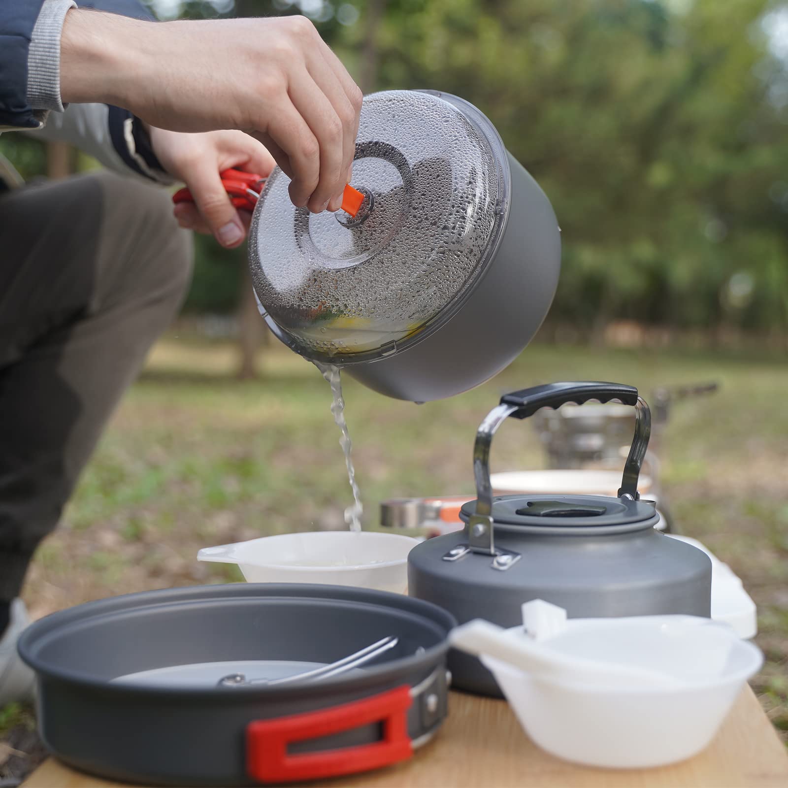 Bulin Camping Cookware Mess Kit, Backpack Portable Campfire Cooking Pots Pans Kettle Set, Lightweight Durable Cook Gear for Open Fire Hiking, Outdoor (BPA Free Bowls, Plates), 9 PCS