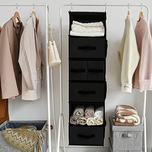 GRANNY SAYS Hanging Closet Organizer 6 Shelves, Closet Organization and Storage with 5 Different Drawers, 6 Side Pockets Wardrobe Clothes Organizer for Closet, Black, 1-Pack