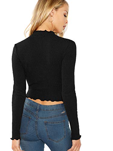 Floerns Women's Lettuce Trim Mock Neck Tight Ribbed Long Sleeve Crop Top Tee Shirts A Black S