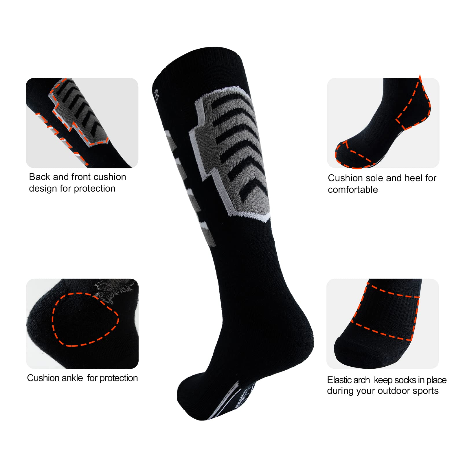 Bulinlulu Merino Wool Ski Socks 2 Pairs Pack for Skiing, Snowboarding, Hunting Hiking Cold Weather, Winter Performance Sport Socks(Black,Medium)