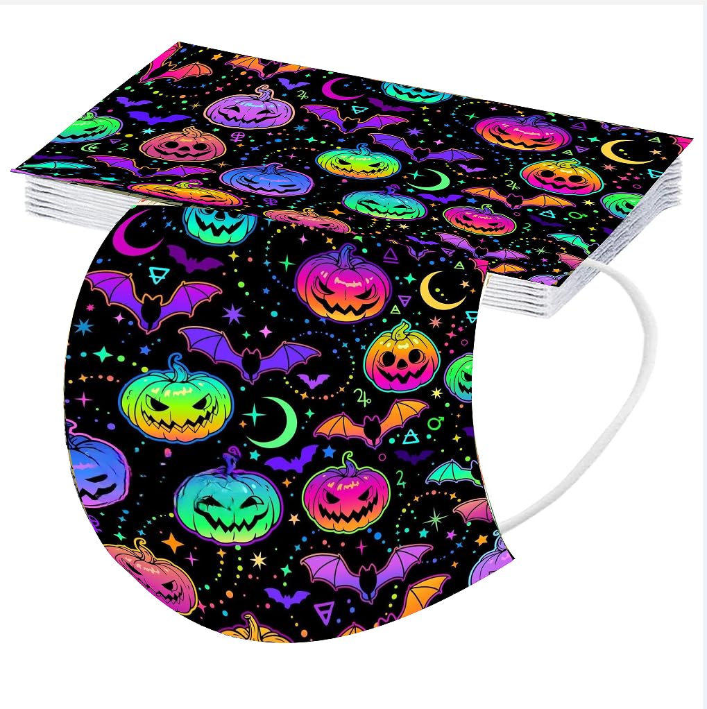 GOGCIAO Halloween Disposable Face Cover with Designs for Adults Women,3-Ply Pumkin Printed Pattern with Nose Wire,50Pcs (Halloweenn B)