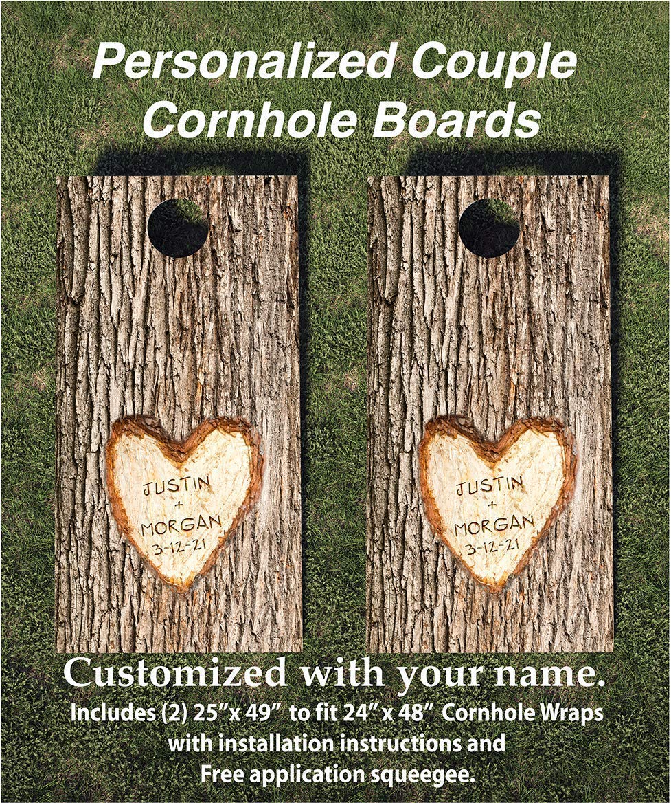 Couples Cornhole Board Wraps #419 - Personalized Couple Name Graphic Decals - Includes Application Squeegee - Set of (2) 25" x 49" Wraps with Gloss Laminate