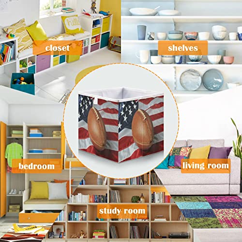 visesunny Closet Baskets Football Usa Flag Storage Bins Fabric Baskets for Organizing Shelves Foldable Storage Cube Bins for Clothes, Toys, Baby Toiletry, Office Supply
