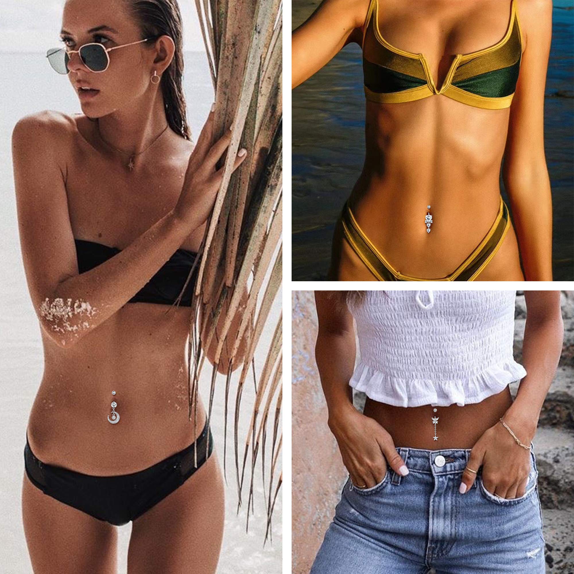CASSIECA 14G Heart Belly Button Rings For Womens Stainless Steel Dangle Belly Ring Piercing, Cute Navel Ring Barbell Body Piercing Jewelry