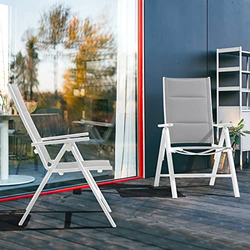 Soleil Jardin Folding Patio Chairs Set of 4, Aluminum Portable Reclining Lawn Chairs with Adjustable High Backrest & Soft Padding, Outdoor Dining Chairs for Porch Pool Yard, No Assembly, White & Gray