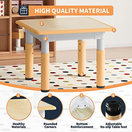 wanan Kids Table and Chair Set, Height Adjustable Toddler Table and 4 Chairs Set, Kids Table for Playing, Drawing, Eating, Studying, Easy to Clean Arts & Crafts Table for Ages 2-10 (Natural)