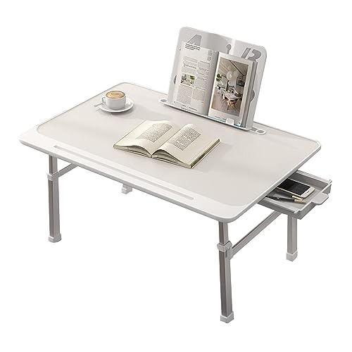 GEIRONV Movable Computer Desk, Bedroom Reading Learning Small Table with Drawers and Bookshelf Adjustable Multifunctional Folding Table (Color : White, Size : 60x40CM)