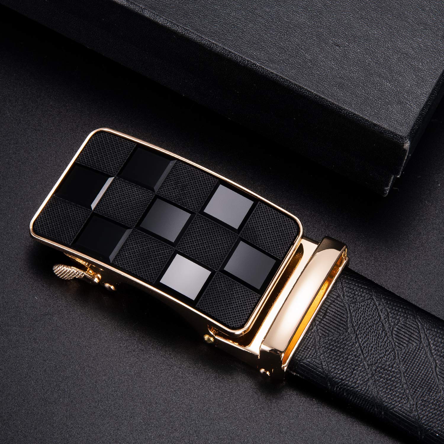 Belt Set Black Gold Eagle Plaid Automatic Sliding Buckle Adjustable Ratchet Strap Business Casual Jeans Belt Halloween Christmas Gift with Exquisite Box