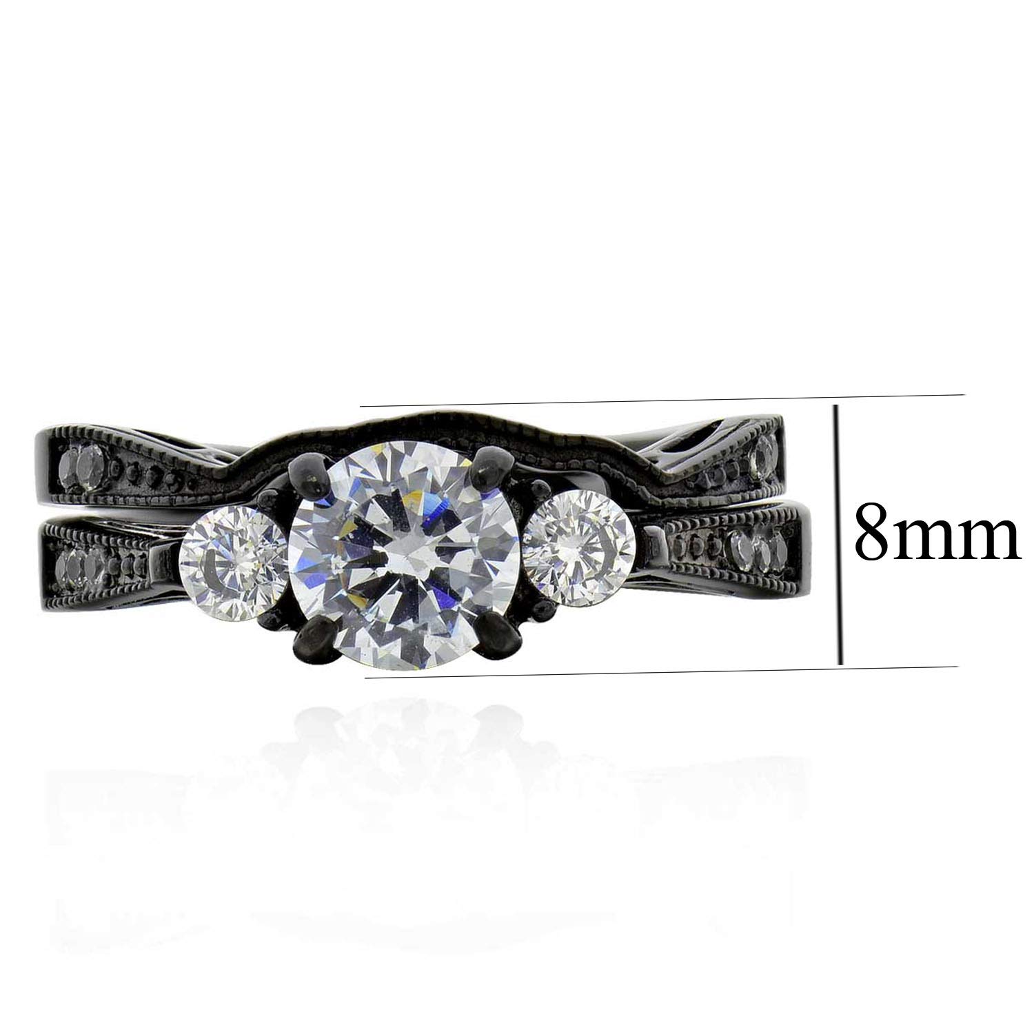 Black Stainless Steel Women Wedding Ring Sets Bridal Engagement Bands Round CZ Three Stones size 6.5
