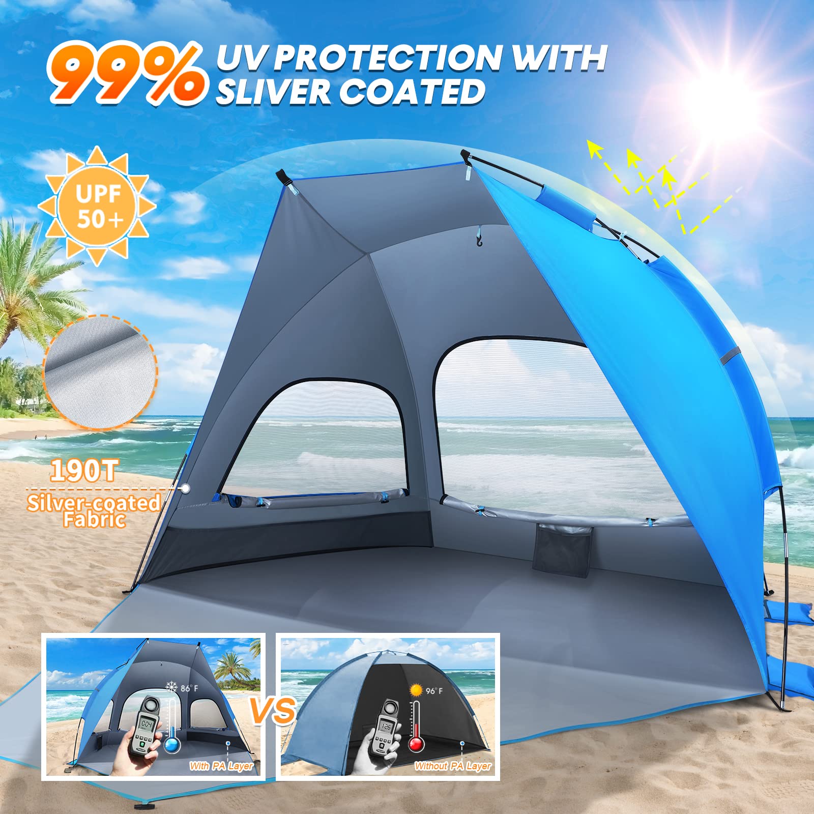 Beach Tent Sun Shade Shelter: 3-4 Person Large Anti-UV Windproof Portable Lightweight Tent Canopy Cabana with Extendable Floor Outdoor