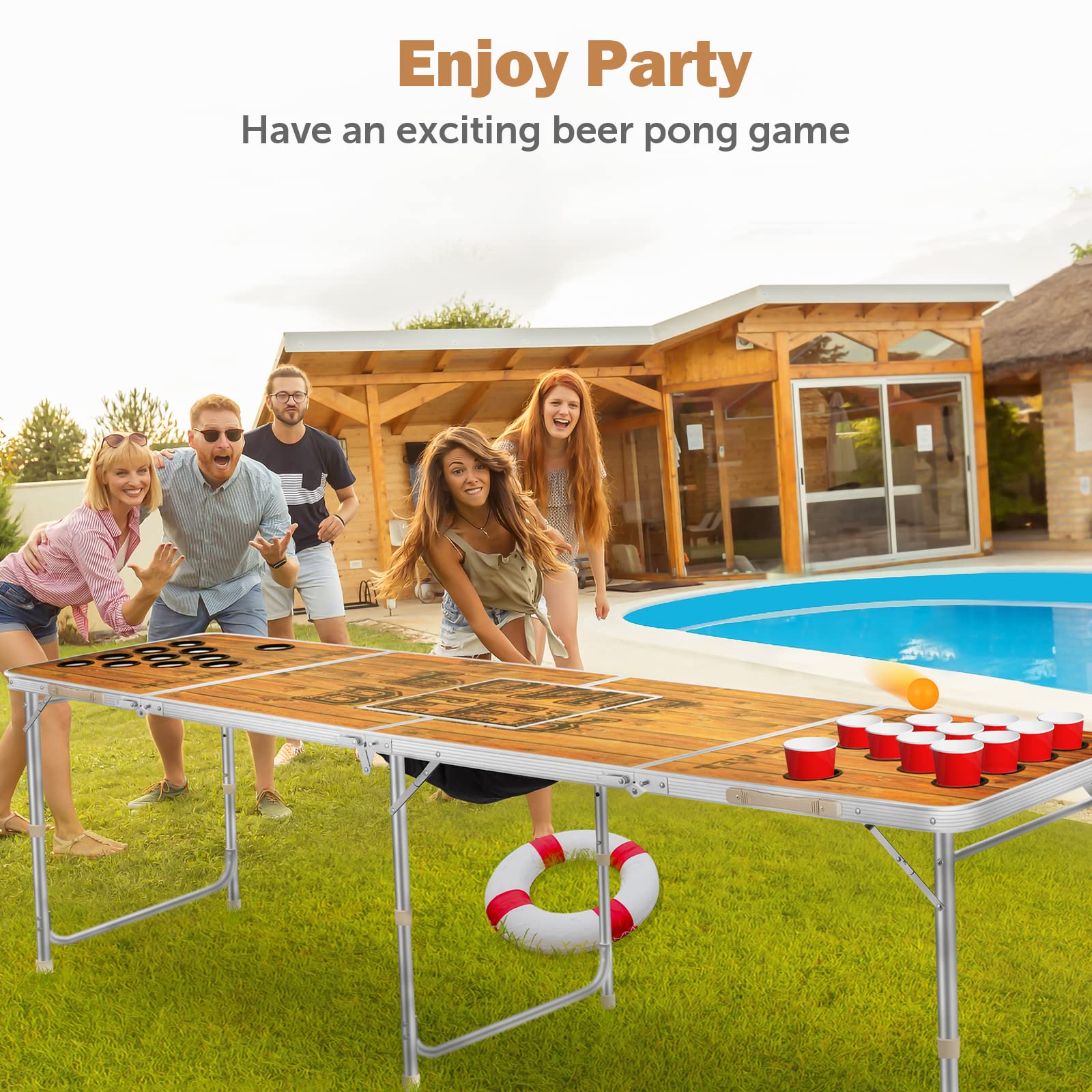 Coobi Folding Table,8 Foot Beer Pong Table with Ice Bag & Cup Holes,Adjustable Height,Ideal for College Tailgate Parties