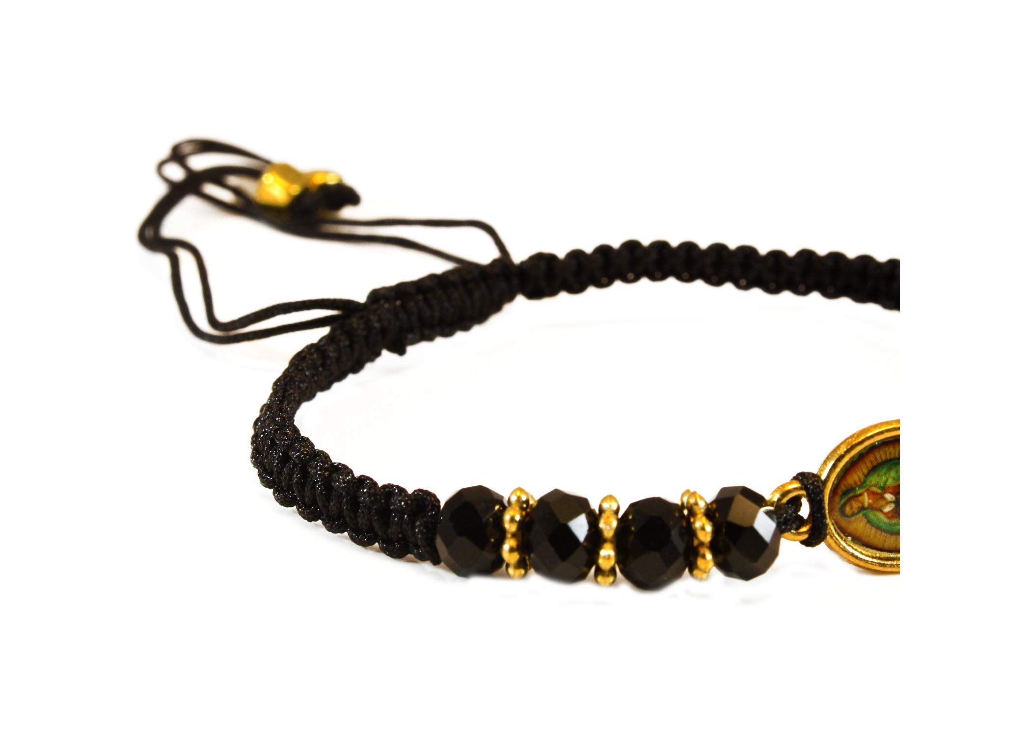 Black String Virgin Mary Black Bead with Golden-Inlay Adjustable Bracelet Protection Prosperity Good Luck Pulsera De La Virgen Maria Color Negro Proteccion Prosperidad Buena Suerte (Black Bead)