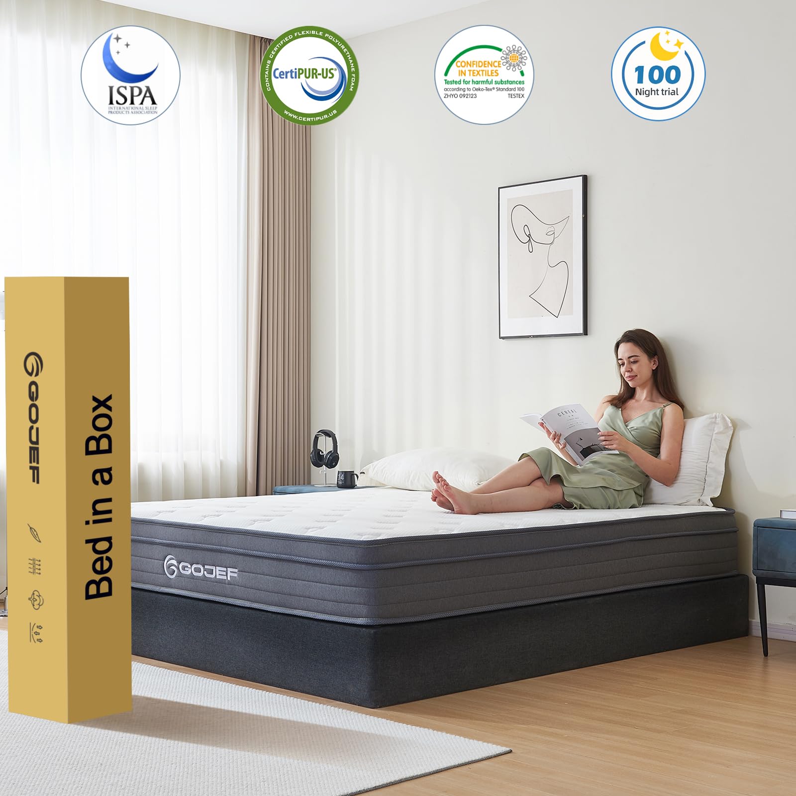 Gojef Full Size Mattress, 12 Inch Full Mattress, Hybrid Mattress in a Box with Independent Spring, Soft and Comfortable, Pressure Relief, CertiPUR-US Certified, Medium