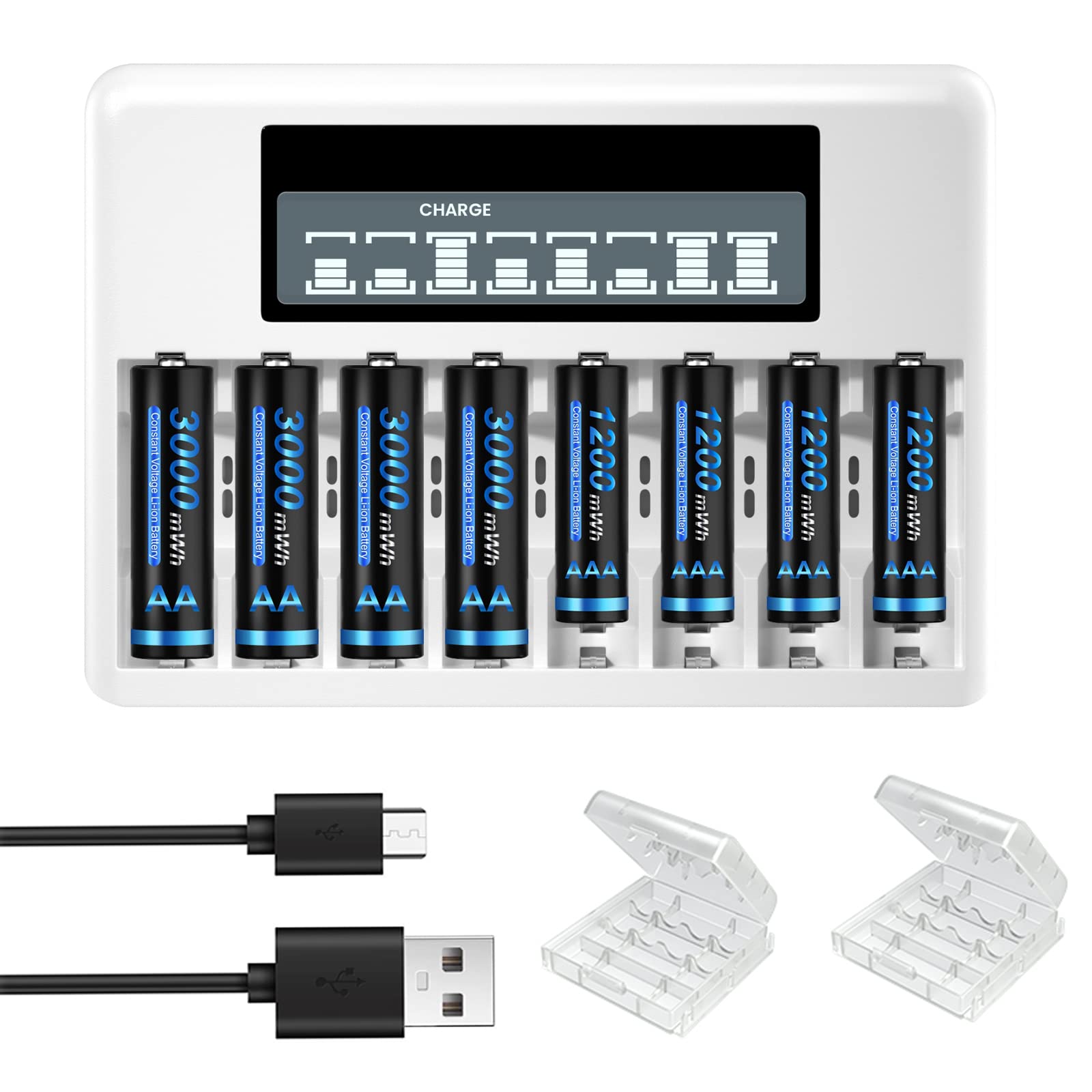 CITYORK 1.5V Rechargeable Lithium Battery with Charger, 4 Pack 1.5V AA 3000mWh and AAA 1200mWh Rechargeable Lithium Battery, LCD Display Quick Independent Battery Charger