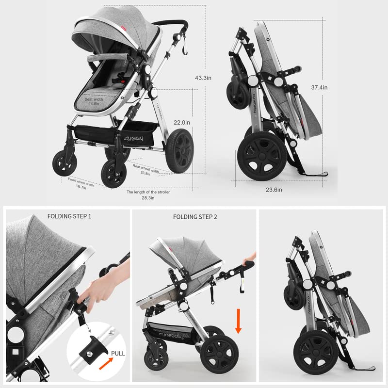 Cynebaby Baby Stroller, Convertible Bassinet Stroller for Newborn Infant Lightweight Pram Strollers with Snack Tray… (Gray)