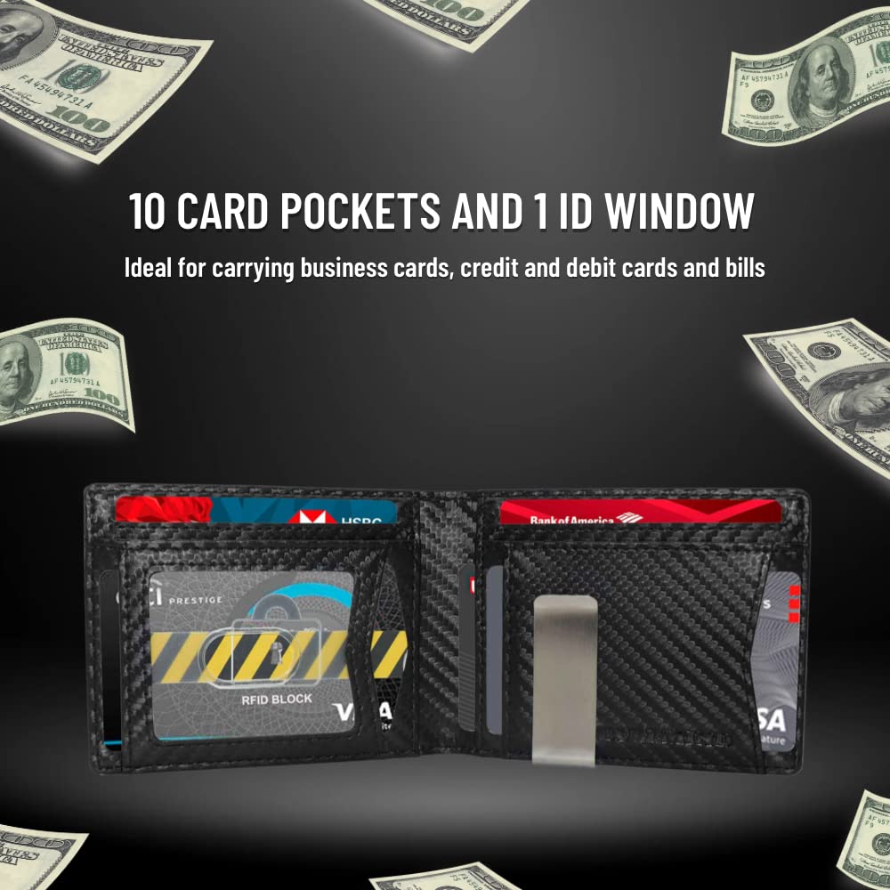 BULLMIND Wallet For Men Slim Minimalist Carbon Fiber Bifold Larger Capacity RFID Blocking With 11 Slots Credit Cards Holder with Money Clip and Box