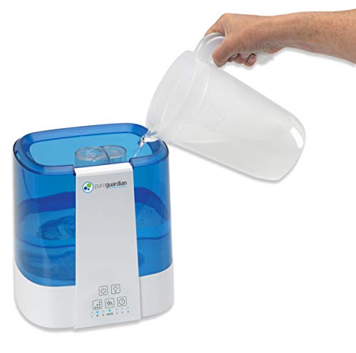 PureGuardian H5225WCA Ultrasonic Warm & Cool Mist Humidifier, 100 Hrs. Run Time, 2 Gal. Tank, 560 Sq. Ft. Coverage, Quiet, Filter Free, Silver Clean Treated Tank, Essential Oil Tray, White/Blue