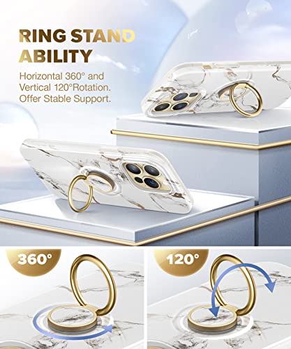 GVIEWIN Compatible with iPhone 14 Pro Case 6.1 Inch 2022, [Built-in 360° Rotatable Ring Stand] Marble Slim Stylish Durable Hard Shockproof Phone Holder Kickstand Cover(White/Gold)
