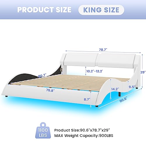 DICTAC King Size Bed Frame with LED Lights Modern King Led Bed Frame with Upholstered Headboard Faux Leather Low Profile Platform Bed Frame Wave Like Curve Bed Frame,No Box Spring Needed,White