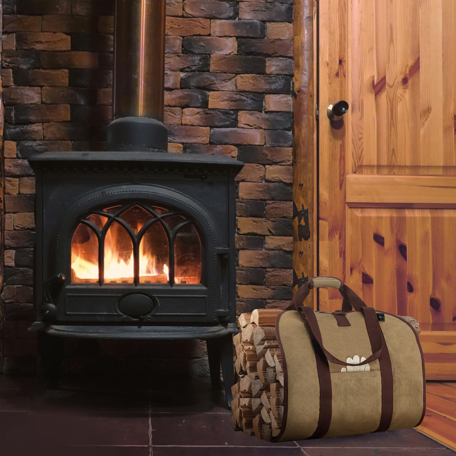 BONTHEE 2 Handles Canvas Tool bags with Pocket for Fireplace Firewood - Brown