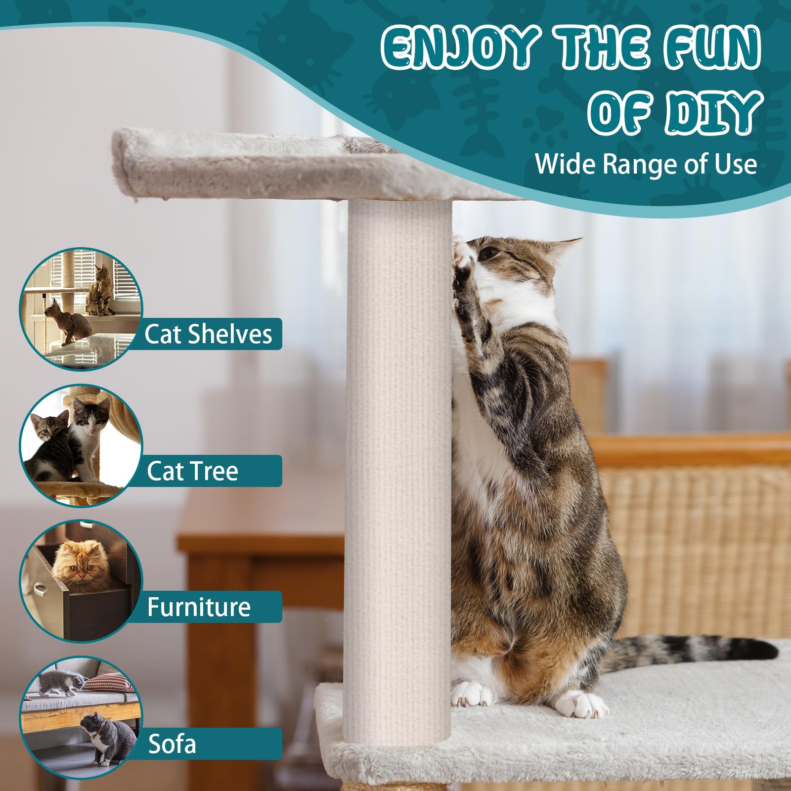 Climbing Cat Scratcher Mat Trimmable Cat Scratching Post Carpet 78.7ββx15.8ββ Self Adhesive Carpet Mat Pad Replacement for Cat Tree Shelves Post Couch Wall Furniture Steps DIY Protector (Cream White)