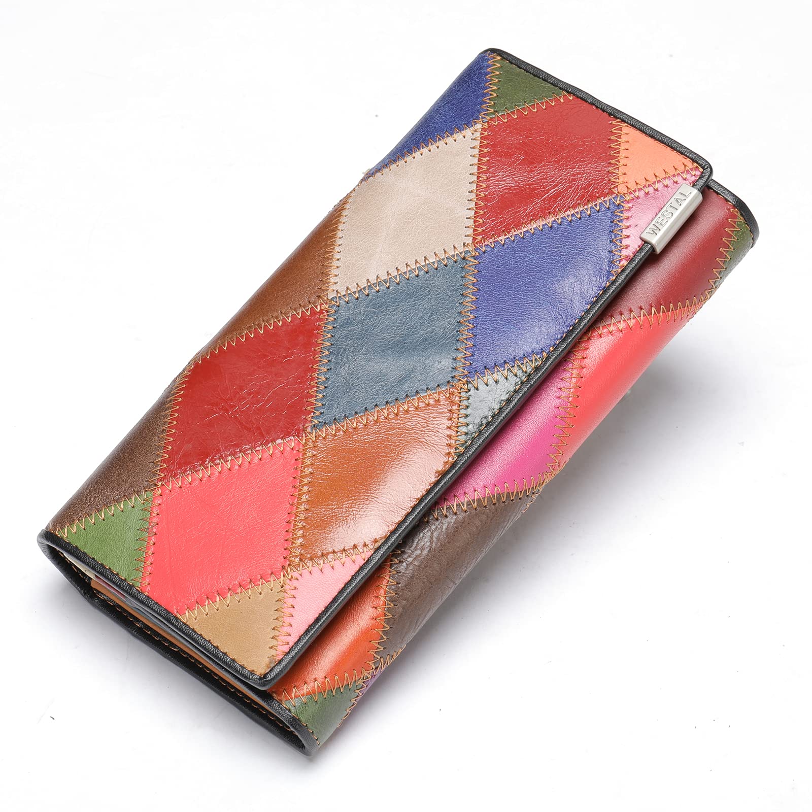 MASIWEI Genuine Leather Folded Wallet for Women Credit Card Holder RFID Blocking Cell Phone Pouch Patchwork Style (Rhombus-1)