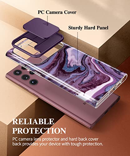 GVIEWIN Designed for Samsung Galaxy S22 Ultra Case with Slide Camera Cover, [Military Grade Drop Protection] Marble Slim Fit Shockproof Protective Phone Case for S22 Ultra 5G 6.8" 2022(Quicksand)