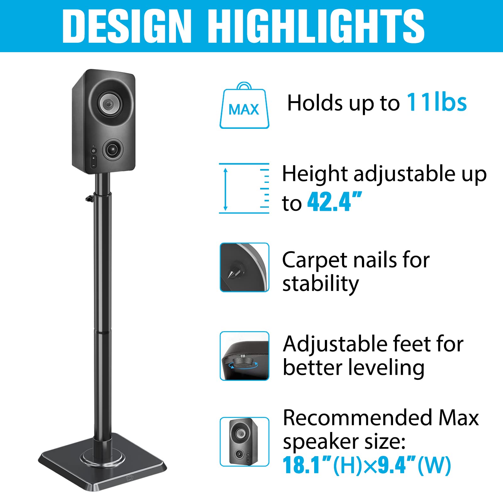 Mounting Dream Speaker Stands - Height Adjustable Speaker Stand for Vizio, Polk, JBL, Sony, Speaker Stands Pair with Wire Management (Holds up to11LBS Per Stand)