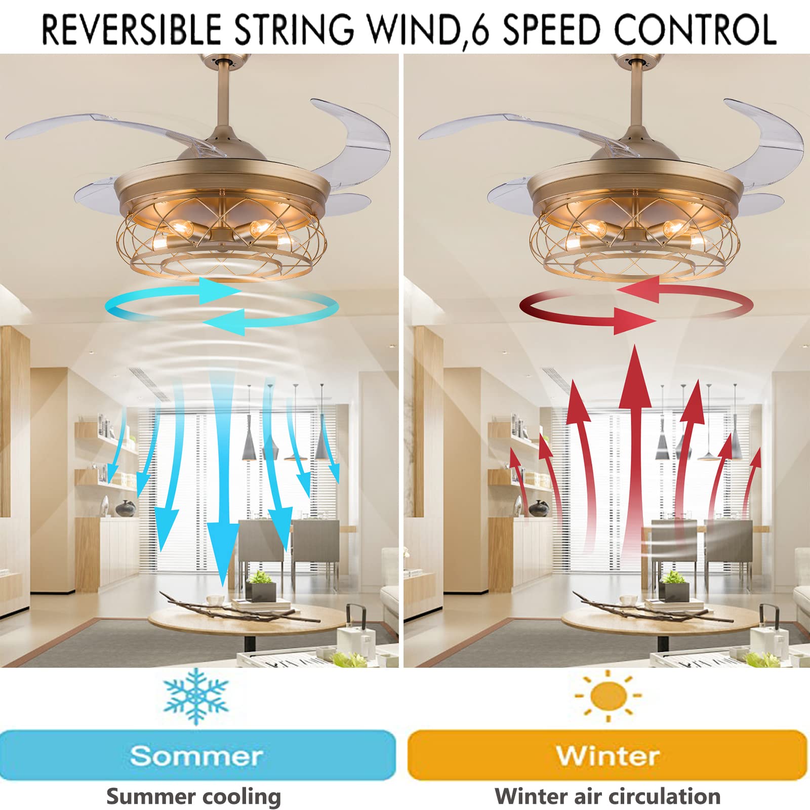 BILPIKOGoo 42" Retractable Ceiling Fans with Lights, Farmhouse Industrial Ceiling Fan, Caged Fandelier Ceiling Fans with Remote, 6 Wind Speeds, for Kitchen Bedroom Living/Dinning Room