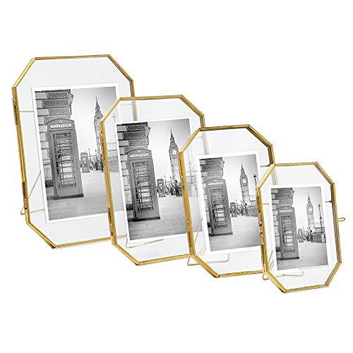 Isaac Jacobs 4x6 Vintage Style Octagon Brass & Glass, Metal Floating Picture Frame with Locket Closure (Vertical), Made for Tabletop Display, (Fits up to a cutout 4β x 6β - See images for other sizes)