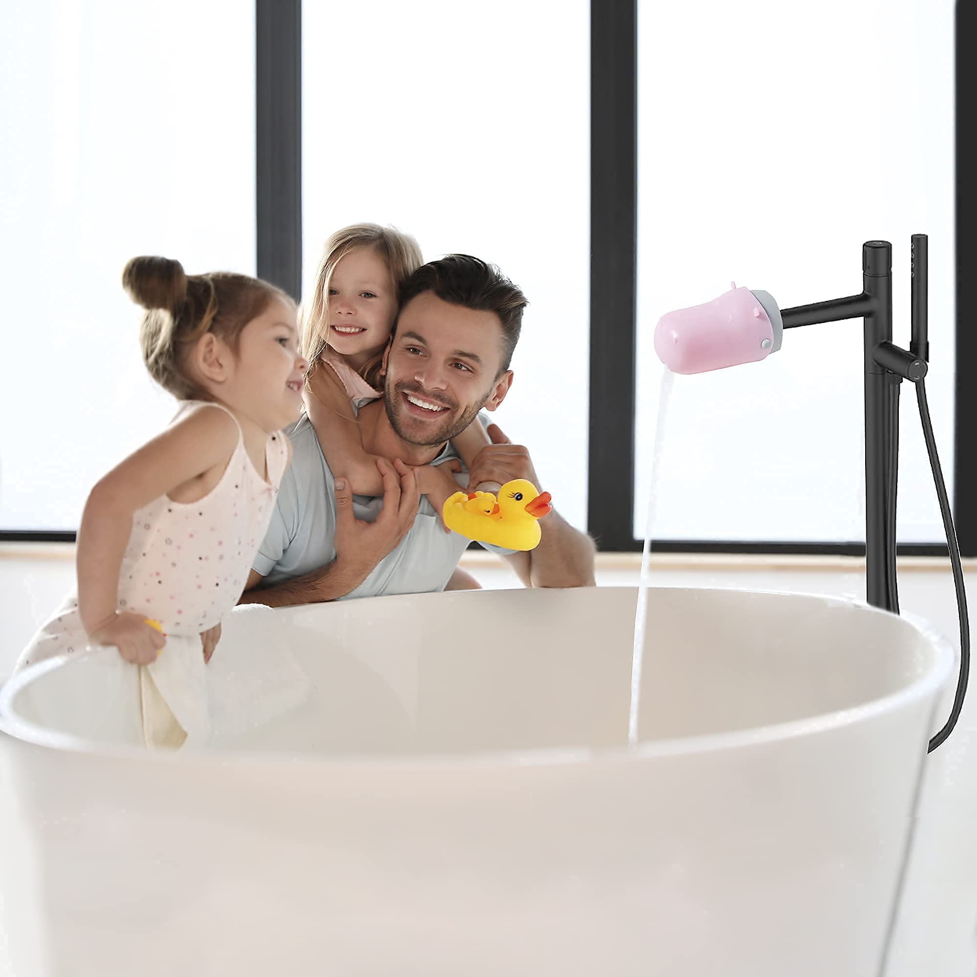 Bebinio Faucet Extender for Kids with Cylindrical Antisplash Spout & Strong Suction Towel Hanging Hook, Set of 4 Pcs (Pink)