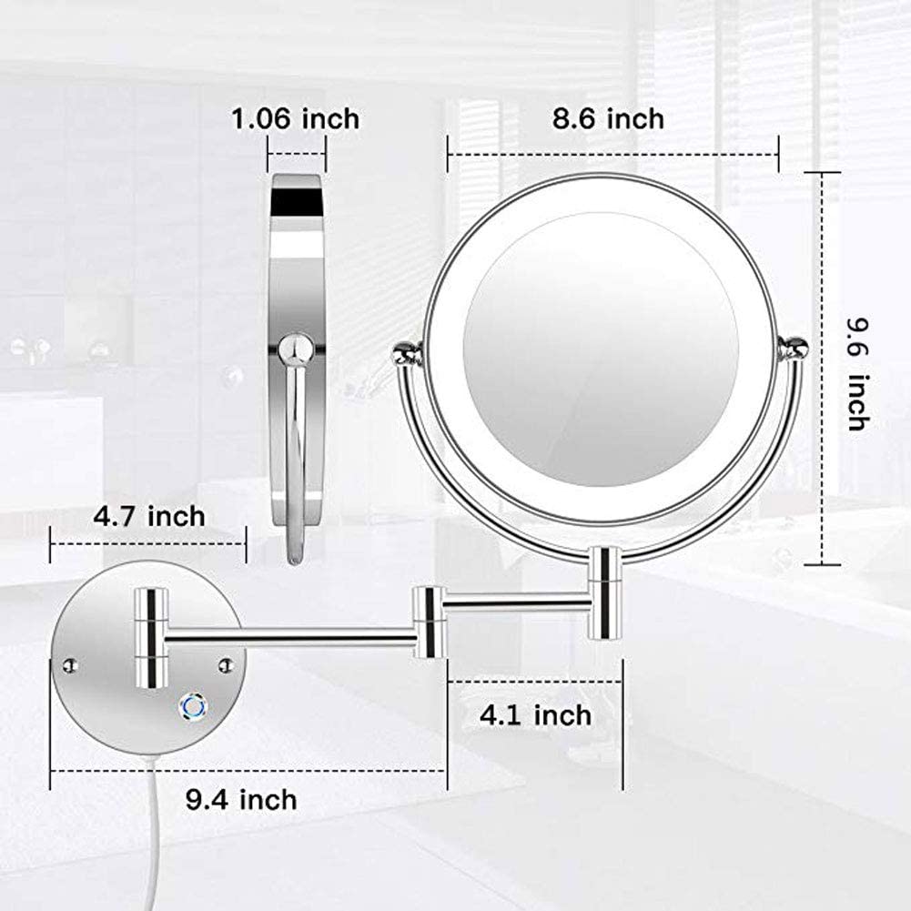 CZQ Makeup Mirror Wall Mount LED, 10X Magnification, 360°Swivel 12" Extension Two-Side Retractable Makeup Mirror for Bathroom Bedroom,8.5 Inch