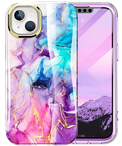 Hocase for iPhone 14 Plus Case, (with Built-in Screen Protector) Shockproof Slim Soft TPU+Hard Plastic Full Body Protective Case for iPhone 14 Plus (6.7" Display) 2022 - Watercolor Marble