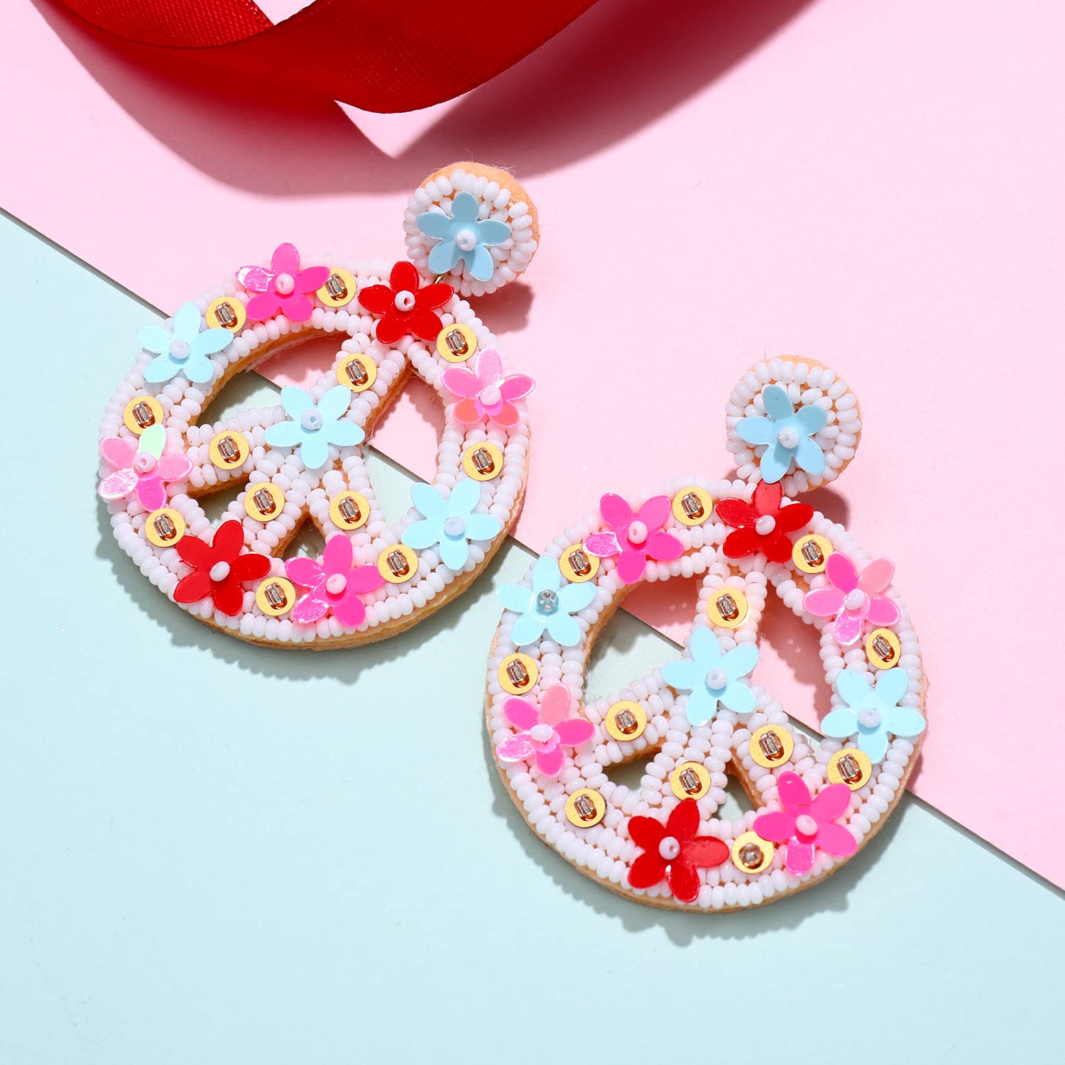 Beaded Dangle Earrings for Women Dangling Flower Hoop Earrings Peace Sign Drop Earrings Statement Handmade Boho Fashion Spring Summer Earring Studs Jewelry Gifts