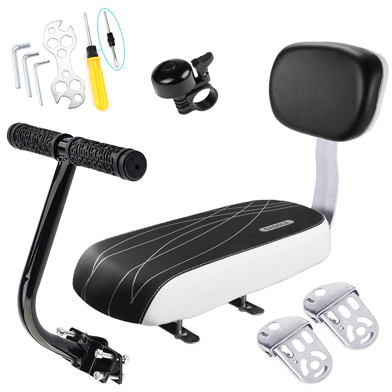 CenterZ Bike Rear Seat Cushion with Safety Backrest + Backseat Armrest Handrail + Foldable Hidden Bicycle Footrests + Handlebar Bell (Universal Cycling Kit with Installing Repairing Tools Set), White