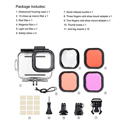 SOONSUN Waterproof Case for GoPro Hero 11 / 10 / 9 Black with 4-Pack Diving Filter - 60M Underwater Protective Housing Case for GoPro HERO11 10 9 Black with Red, Light Red, Magenta, 5X Macro Filters