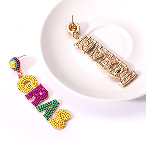 Beaded Mardi Gras Earrings for Women Handmade Bead Crown Fleur De Lis Drop Dangle Earrings Costume Party Parade Earrings Festive Holiday Gifts (Letter)
