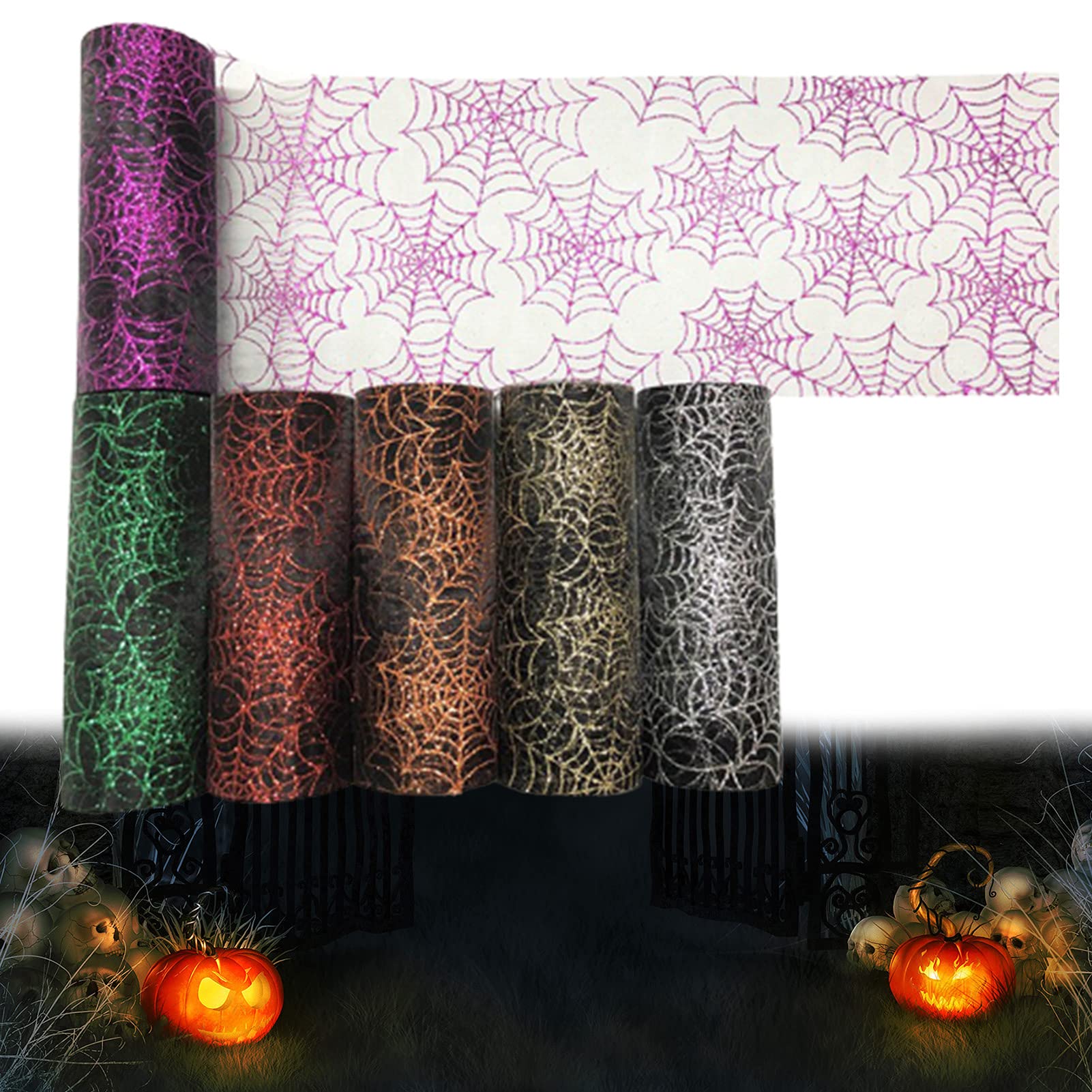 Halloween Tulle, 6 Inch x 10 Yards (30 Feet) Black Tulle Fabric, Spider Web Tulle Rolls, Black Spider Web, Glitter Tulle Rolls Silver