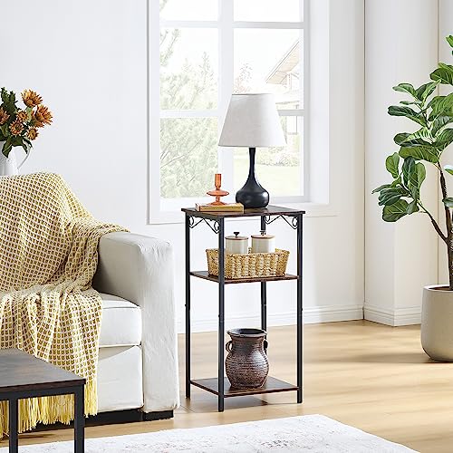 Hoctieon 3 Tier End Table Set of 2, Slim Side Tables, Narrow Side Tables, Nightstands for Small Spaces, Metal Frame, Easy Assembly, Rustic Brown