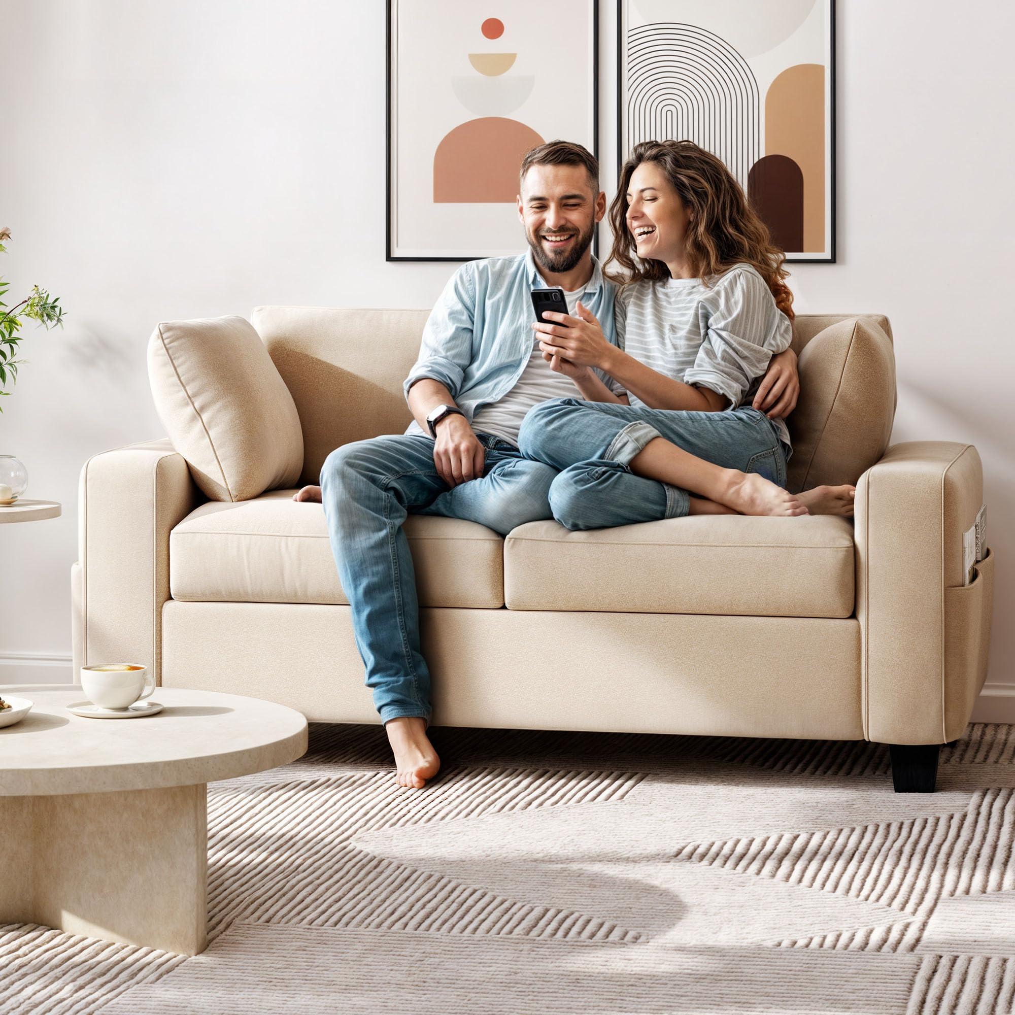 DWVO 60" Sofa, Comfy Upholstered Sofa Couch with Extra Deep Seats, Modern Loveseat for Living Room Apartment Office, Fabric 2 Seater Couch with Side Pockets, Easy Assembly, Beige Chenille