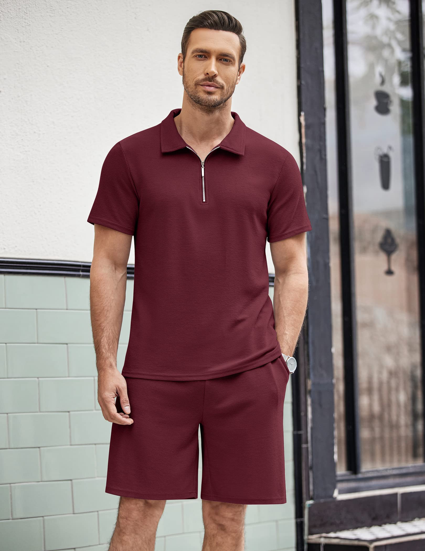 COOFANDY Mens Short Sleeve Casual Shorts Sets Summer Athletic Workout Outfits Zip Polo Suit Jogging Suits Sets