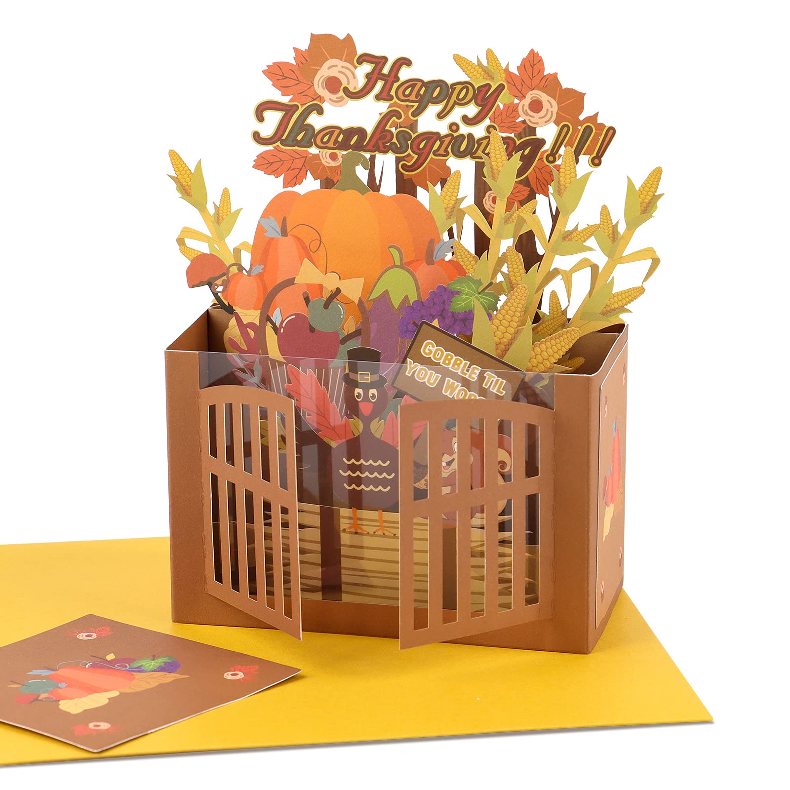 Giiffu Thanksgiving 3D Pop Up Card, Fall Greeting Card, Autumn Blessings Thank You Card, Handmade, Brown, Tan, Gold Pearlescent Envelope