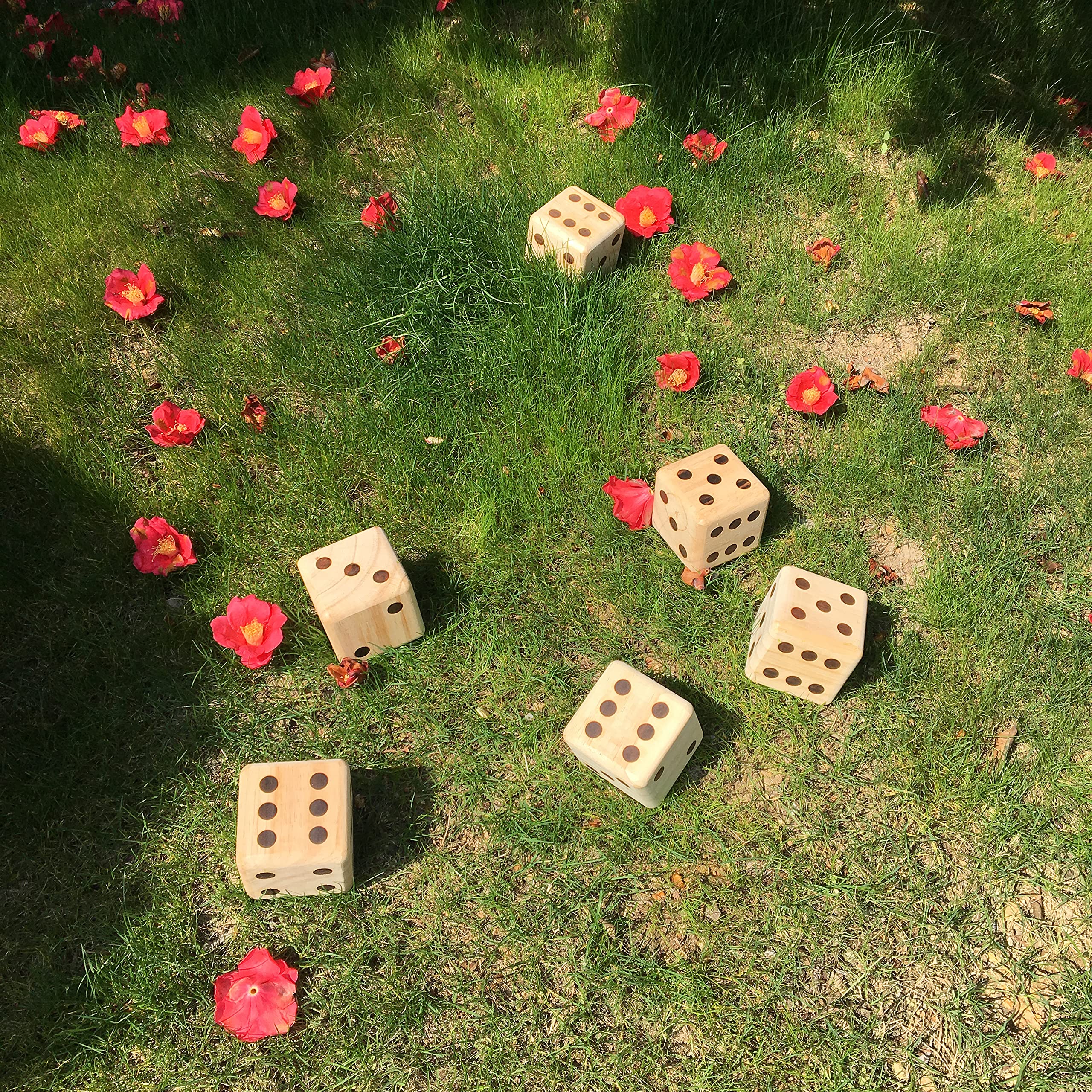 Large Wooden Yard Dice Set of 6 with Two Games and Cardboard Bucket