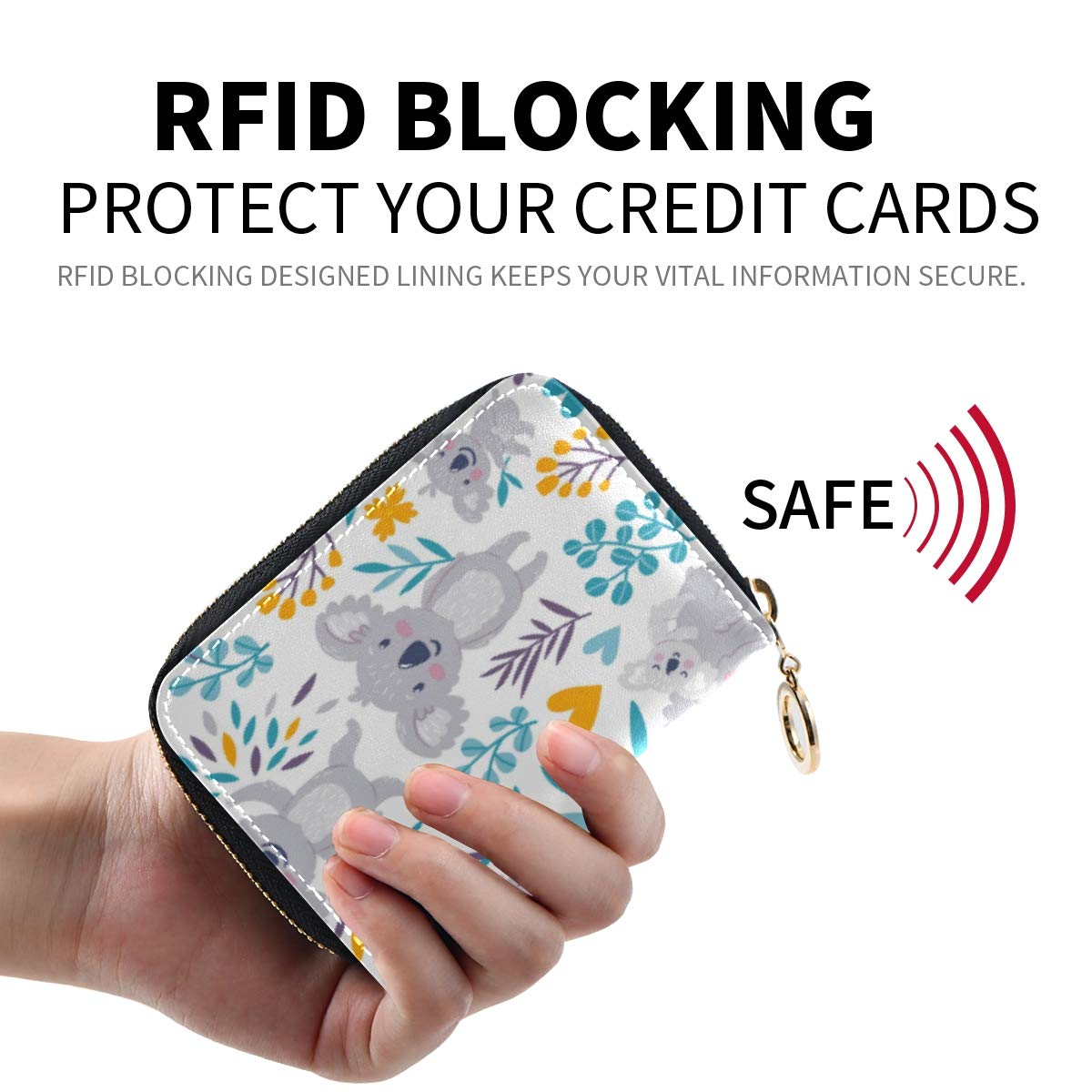 MOYYO RFID Credit Card Holder Case Animal Cute Koala Bears Floral Leather Printed Zipper Card Case Wallet for Women Girls