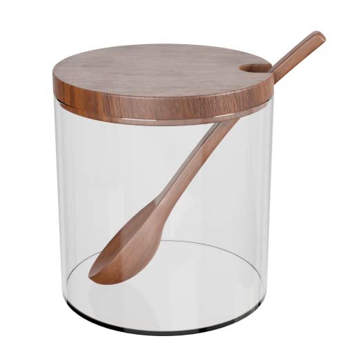 Essos Round Glass and Wood Condiment 3 pc Jars Set with spoon Tray Sugar Food Storage Containers with Wood Lids and Wooden Spoon for Coffee Spice Storage Container