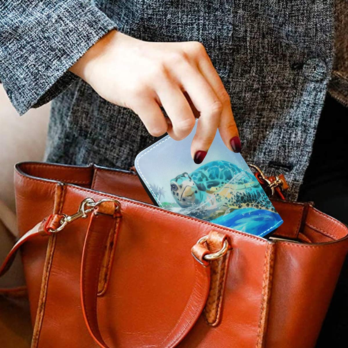 MOYYO RFID Credit Card Holder Case Watercolor Drawing Sea Turtle Leather Printed Zipper Card Case Wallet for Women Girls