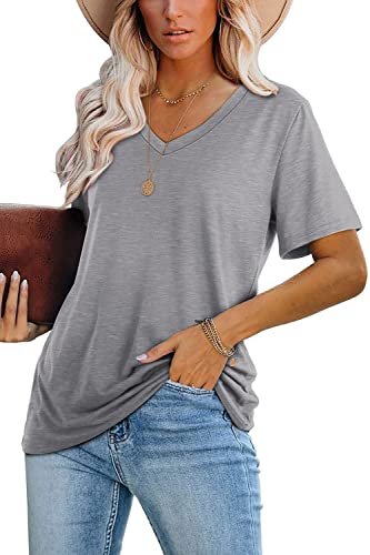 Lunivop Womens Tops V Neck Short Sleeve Tshirts Loose Solid Color Basic Tees for Summer Grey XL